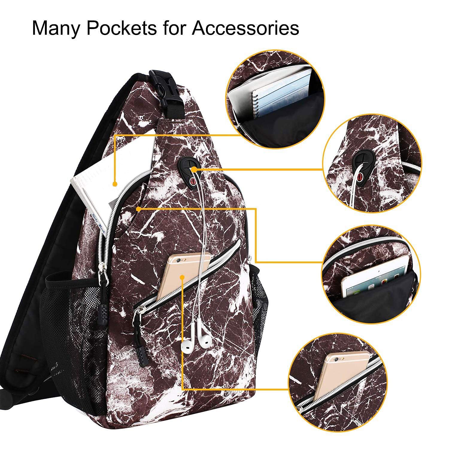 MOSISO 13 inch Sling Backpack, Multipurpose Hiking Daypack Outdoor Rope Crossbody Chest One Shoulder Bag, Brown Marble