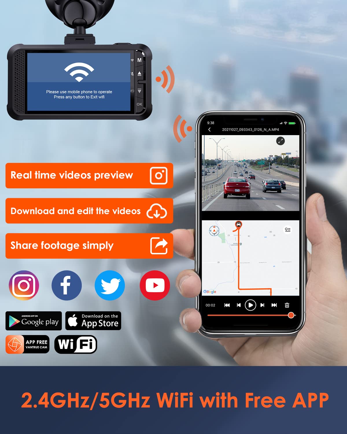 Vantrue X4S Real 4K 5G WiFi Dash Cam, 2160P Car Camera with Free App, 24/7 Parking Mode, Night Vision, Optional GPS, Motion Detection, Collision Detection, 1080P@120FPS, Capacitor, Support 512GB Max