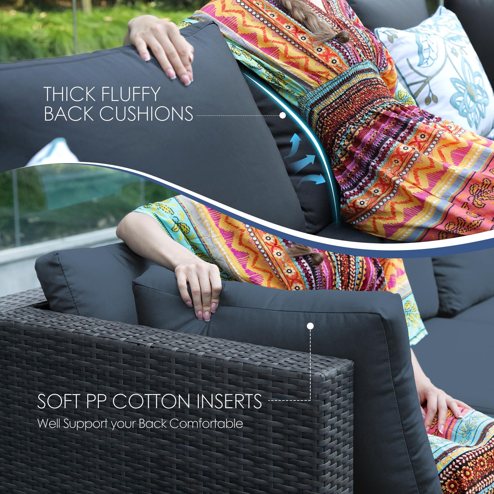 NICESOULĀ® 9 Pieces Outdoor Patio Sectional Furniture Sofa Set with Fire Pit Table Natural Gas Propane, 29.3'' High Back Modern Large Size PE Wicker Conversations with Fireplaces for Backyard