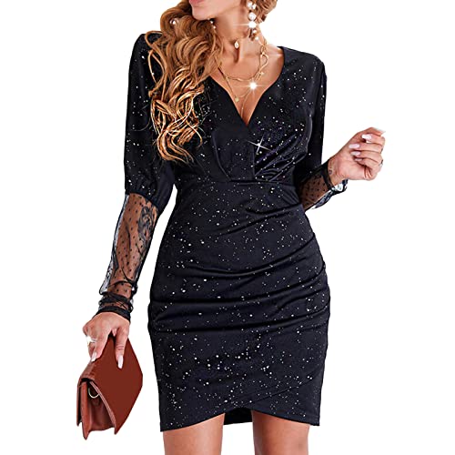 Pinkpaopao Women Ruched Prom Dress Deep V-Neck Half Mesh Splicing Long Sleeve Sequins Mini Dress