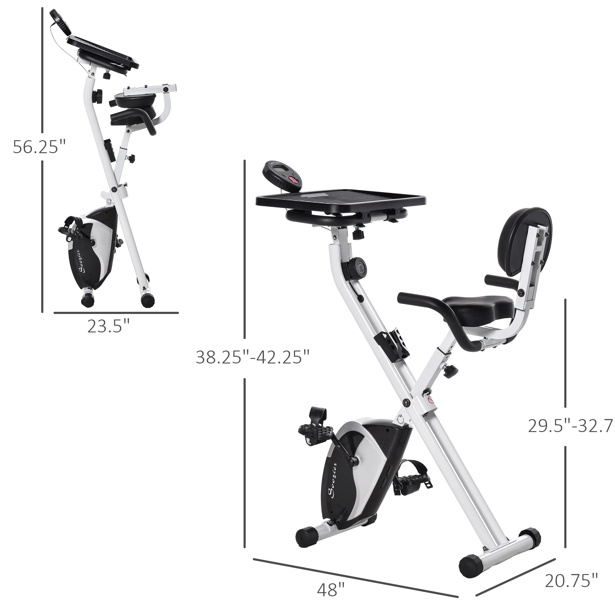 Soozier Stationary Exercise Bike with Adjustable Desktop, Seat Height and Resistance, 3lb Flywheel and Foldable Space-Saving Design, White