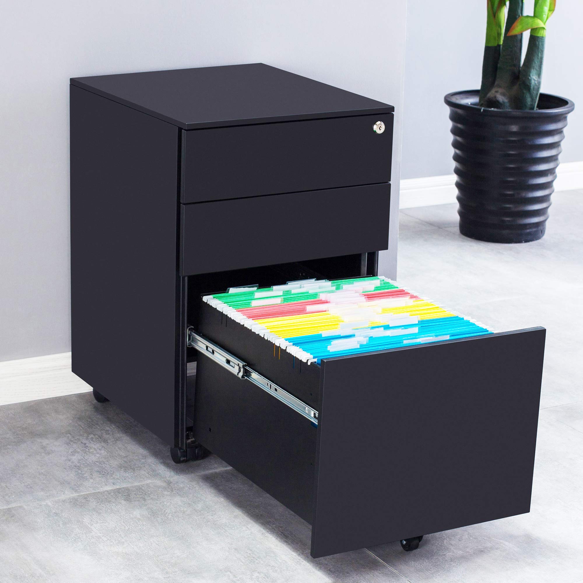 Mobile File Cabinet with Key Lock Steel Filing Cabinet, Home Office Pedestal Fully Assembled Except 5 Rolling Casters
