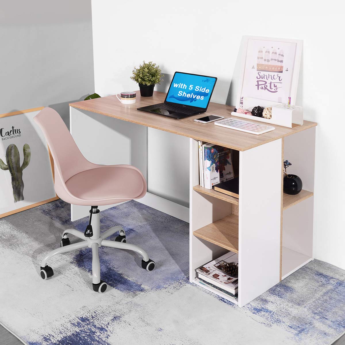 Office Computer Desk 47.2 Inch ps5 Gaming Desk with Drawers Kids Study Writing Desk Organizers with 5 Shelves Students Laptop Table Home Wood Workspace Conference Room Tables, Oak White