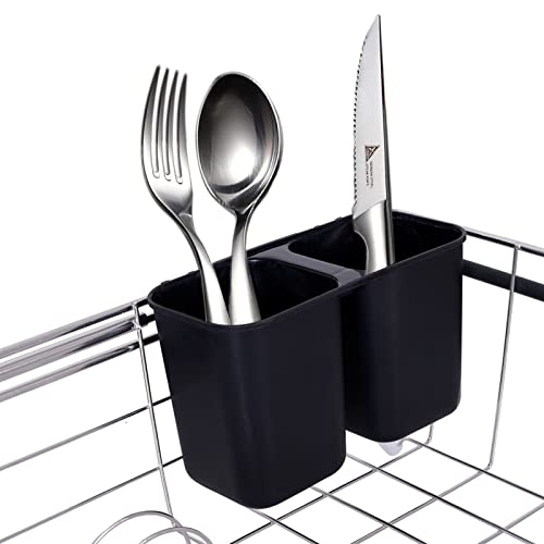Yvilant in Sink Dish Drying Rack, Expandable Dish Drying Rack Over The Sink, 304 Stainless Steel Dish Rack Dish Drainer in Sink or On Counter with Black Utensil Silverware Holder, 13.78"x11.42"x 5.12"