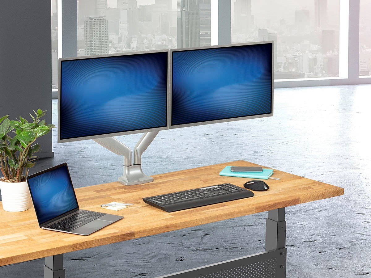 Monoprice Dual Arm Adjustable Gas Spring Desk Mount - For 15 to 34 Inch Monitors, Vessa 100x100, weight 19.8lbs, Silver - Workstream Collection