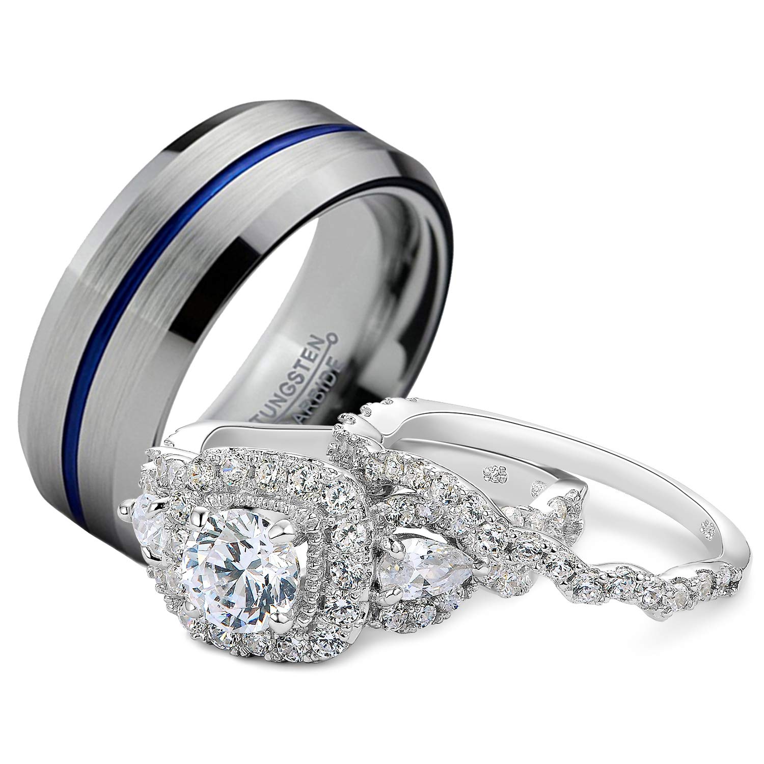 Newshe Wedding Rings Set for Him and Her Women Men Tungsten Bands Sterling Silver Blue Line Cz 5-13 (Women's Size 7 & Men's Size 10)