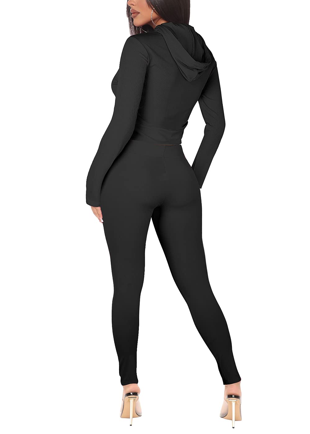 Ribbed Two Piece Outfit for Women, Solid Color Long Sleeve Kintted Crop Top with Zipper Front and Bodycon Leggings Sweatsuits, Black, XXL