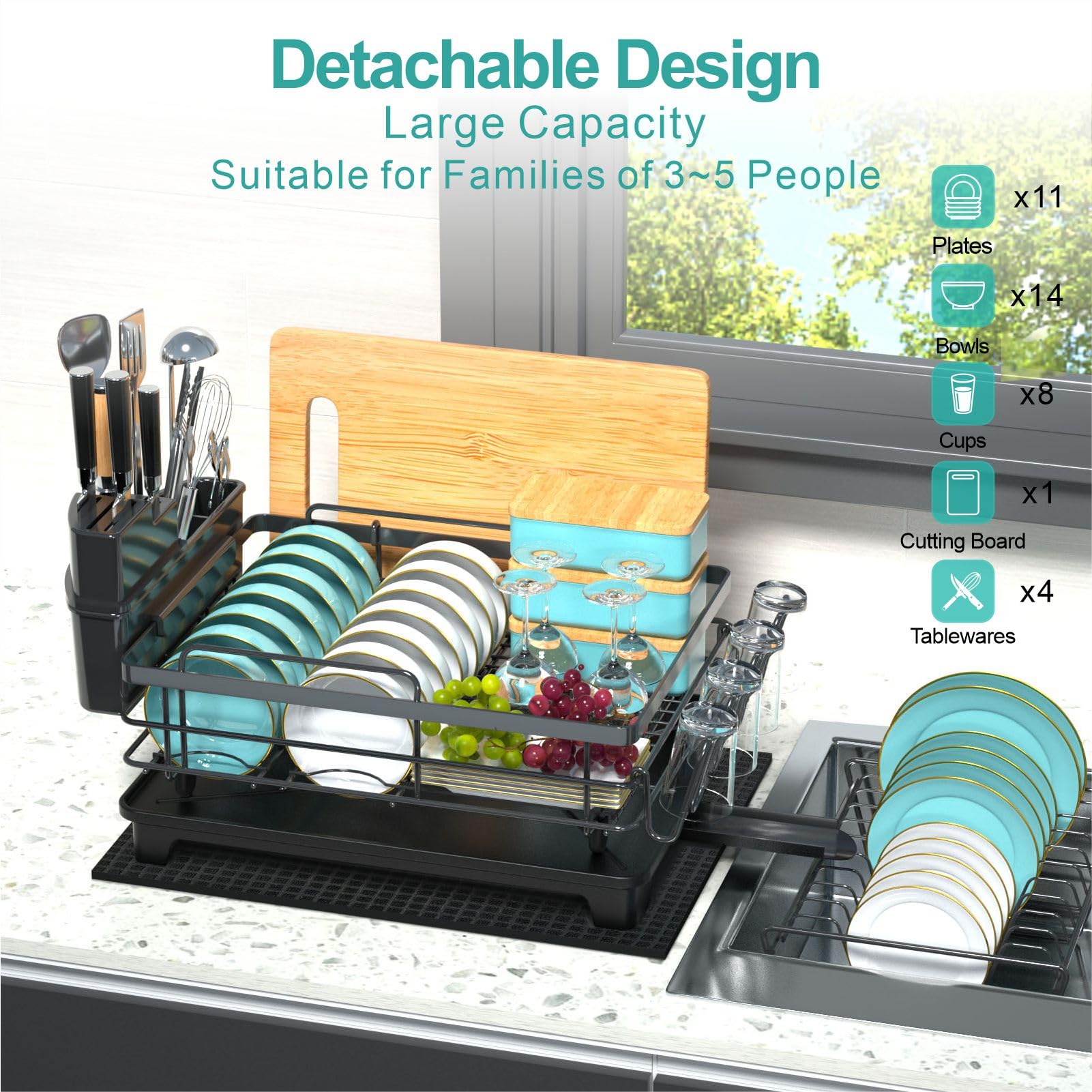 ouosawa Dish Drying Rack with Drainboard, Stainless Steel 2 Tier Large Dish Racks for Kitchen Counter, Detachable Dish Strainer Rack with Cup Holder, Utensil Holder & Cutting-Board Holder, Black