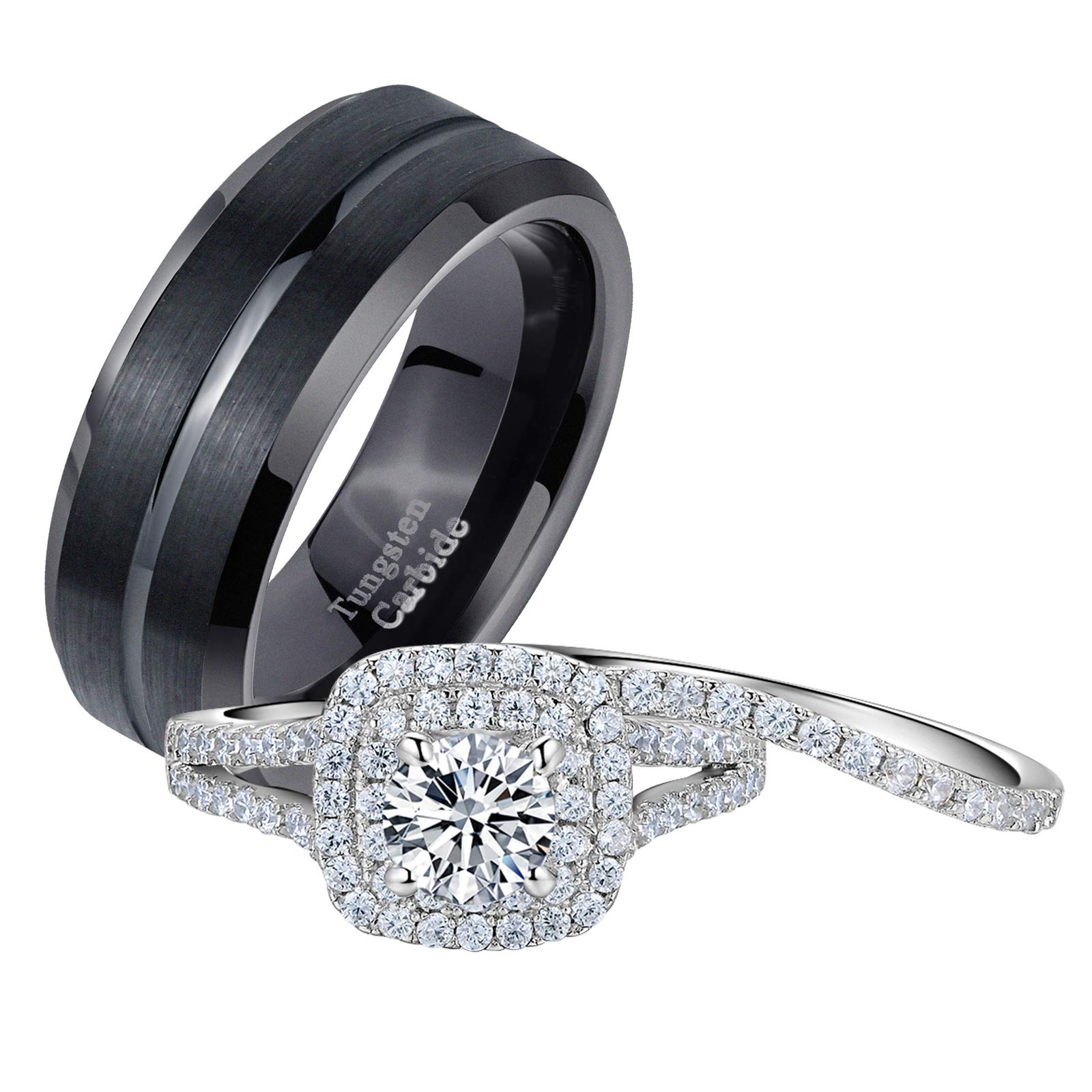Newshe Wedding Rings Set for Him and Her Women Mens Tungsten Bands Cz 925 Sterling Silver Black 10&8
