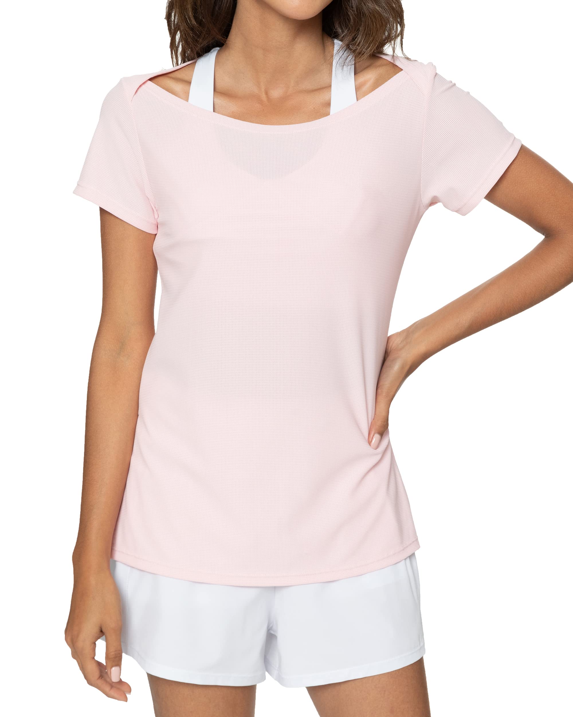 Women's Short Sleeve Boat Neck Tshirts with Side Slit, Ventilated Athletic Workout Running Tops (Pink, XL)