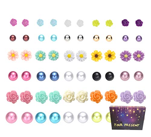 Pibupibu 30 Pairs Mix Pearls Ball Daisy Rose Flower Assorted Earrings Studs Set, Hypoallergenic (30 Balls+Flowers)