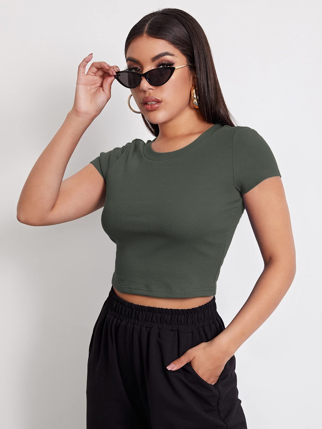 Romwe Women's Casual Summer Crop Top Solid Short Sleeve Workout Crop Blouse Tee T-Shirt Grey Solid L
