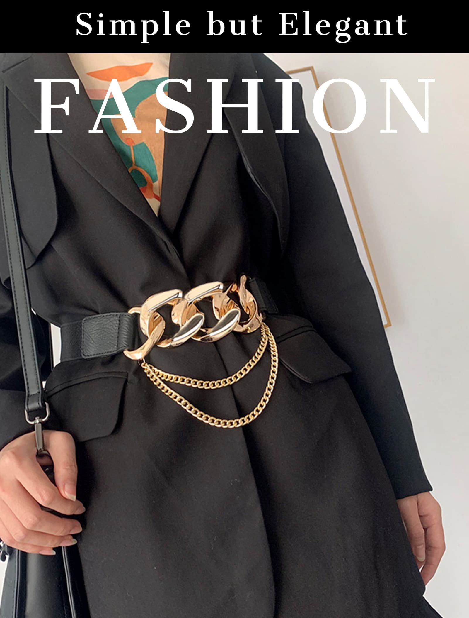 Pinra Leather Elastic Belts for Women Punk Stretchy Chain Belts Thick Black Belt with Gold Chain for Dress 70cm