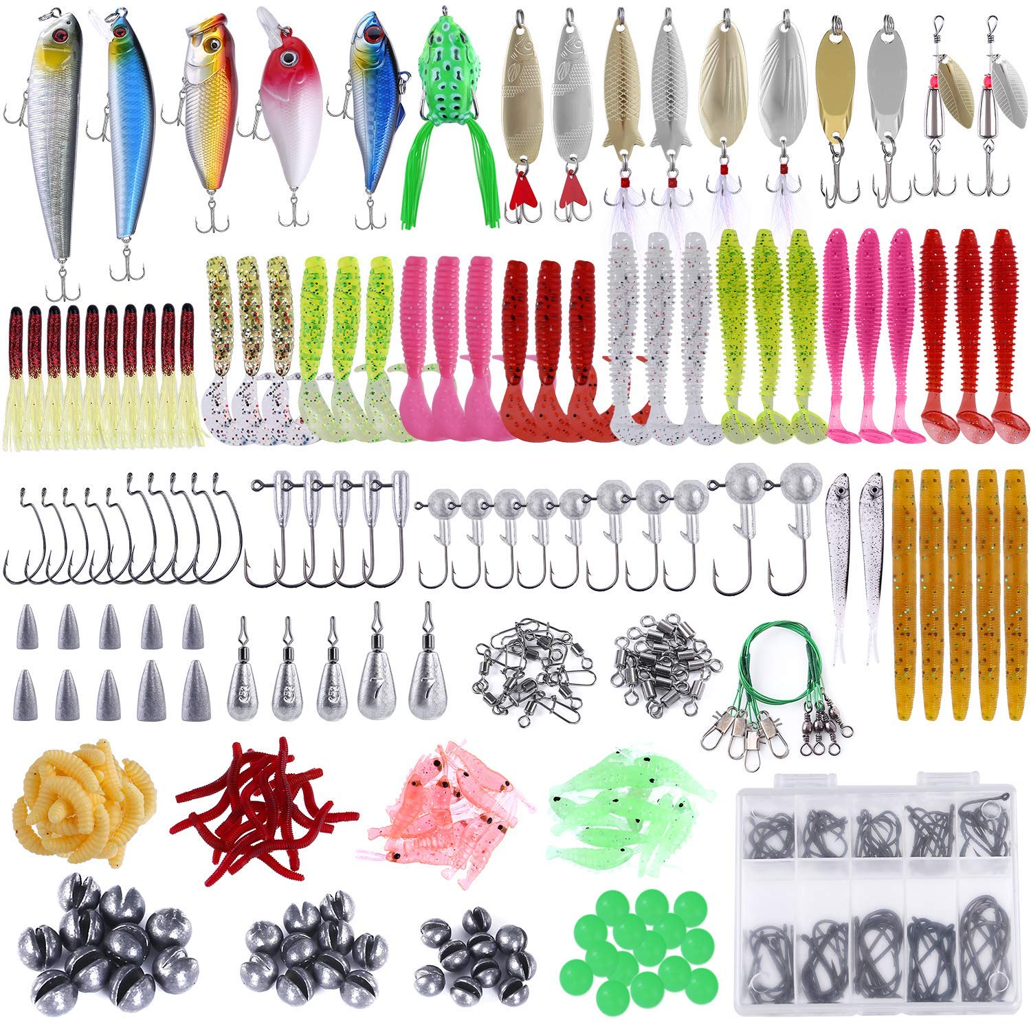 PLUSINNO Fishing Lures Baits Tackle Including Crankbaits, Spinnerbaits, Plastic Worms, Jigs, Topwater Lures Box and More Fishing Gear Lures Kit Set, 102/302Pcs