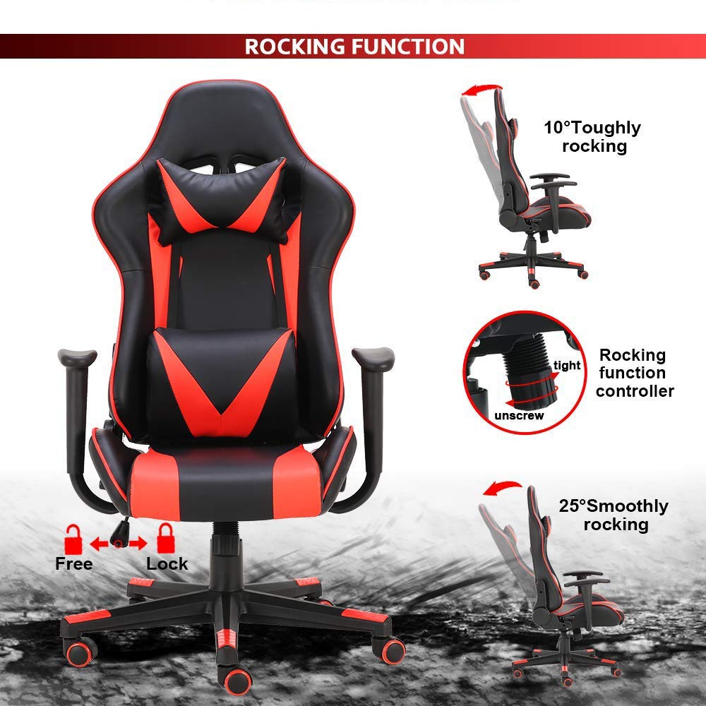 OGEFER Gaming Chair PC Computer Chair Racing Style Ergonomic with Massage Headrest Pillow Lumbar Support Armrest Home Office Swivel Chair Rocking Function 180 Degree Reclining Black Red