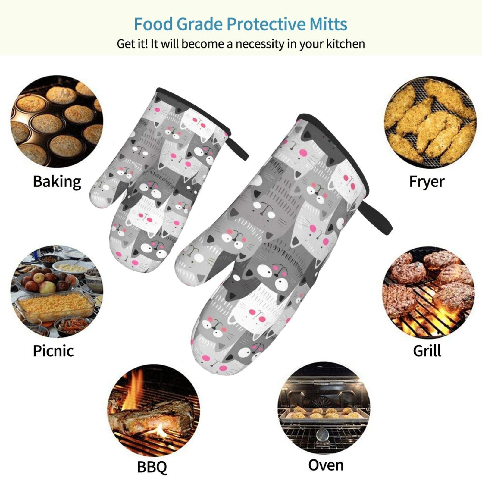 Ouqiuwa Hipster Cartoon Cute Cat Kitten Gray Oven Mitt/Glove for Easy Gripping Set of 2 Kitchen Accessories