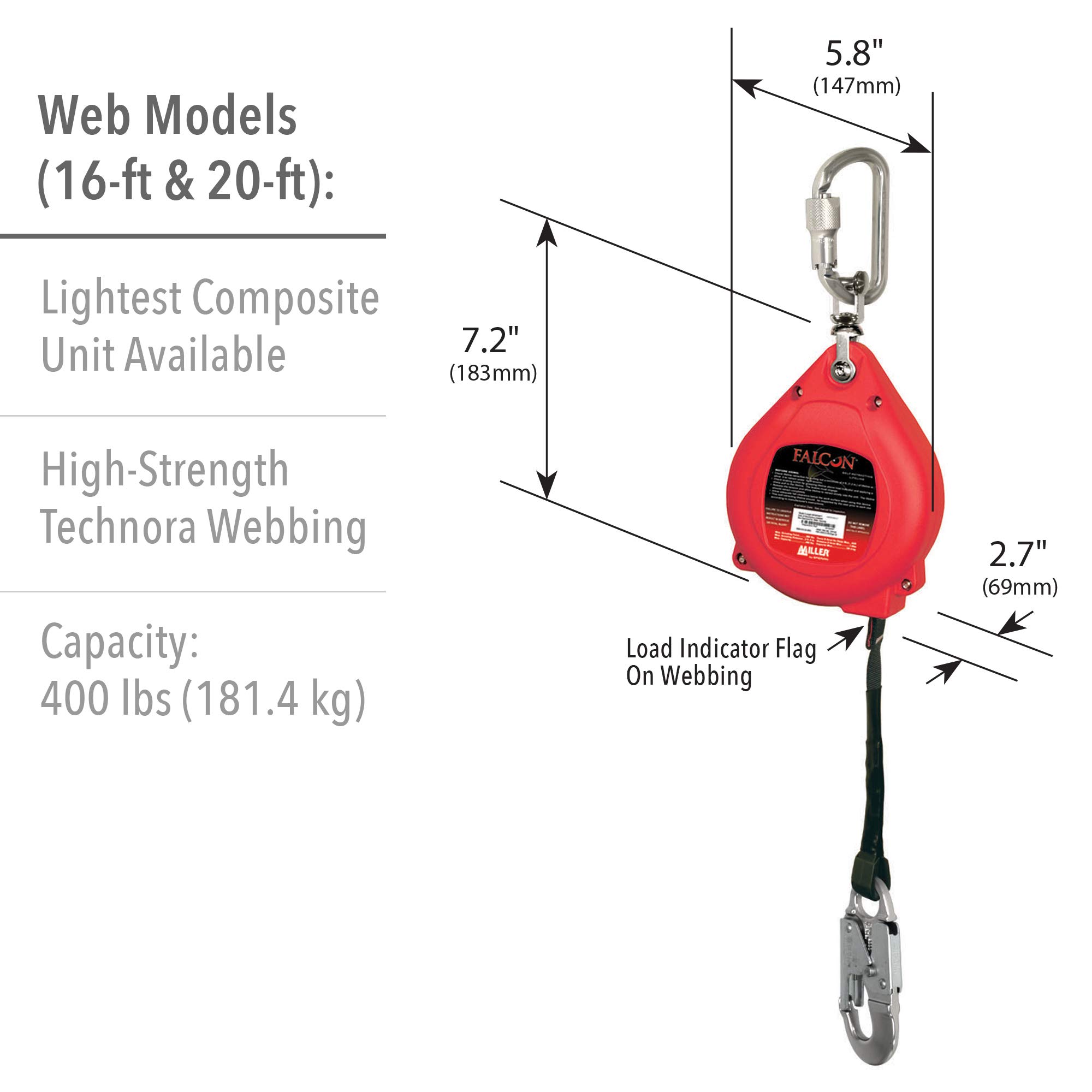 Miller by Honeywell Falcon 20-Foot Self-Retracting Web Lifeline with Swivel/Carabiner & Snap Hook (MP20P-Z7/20FT)