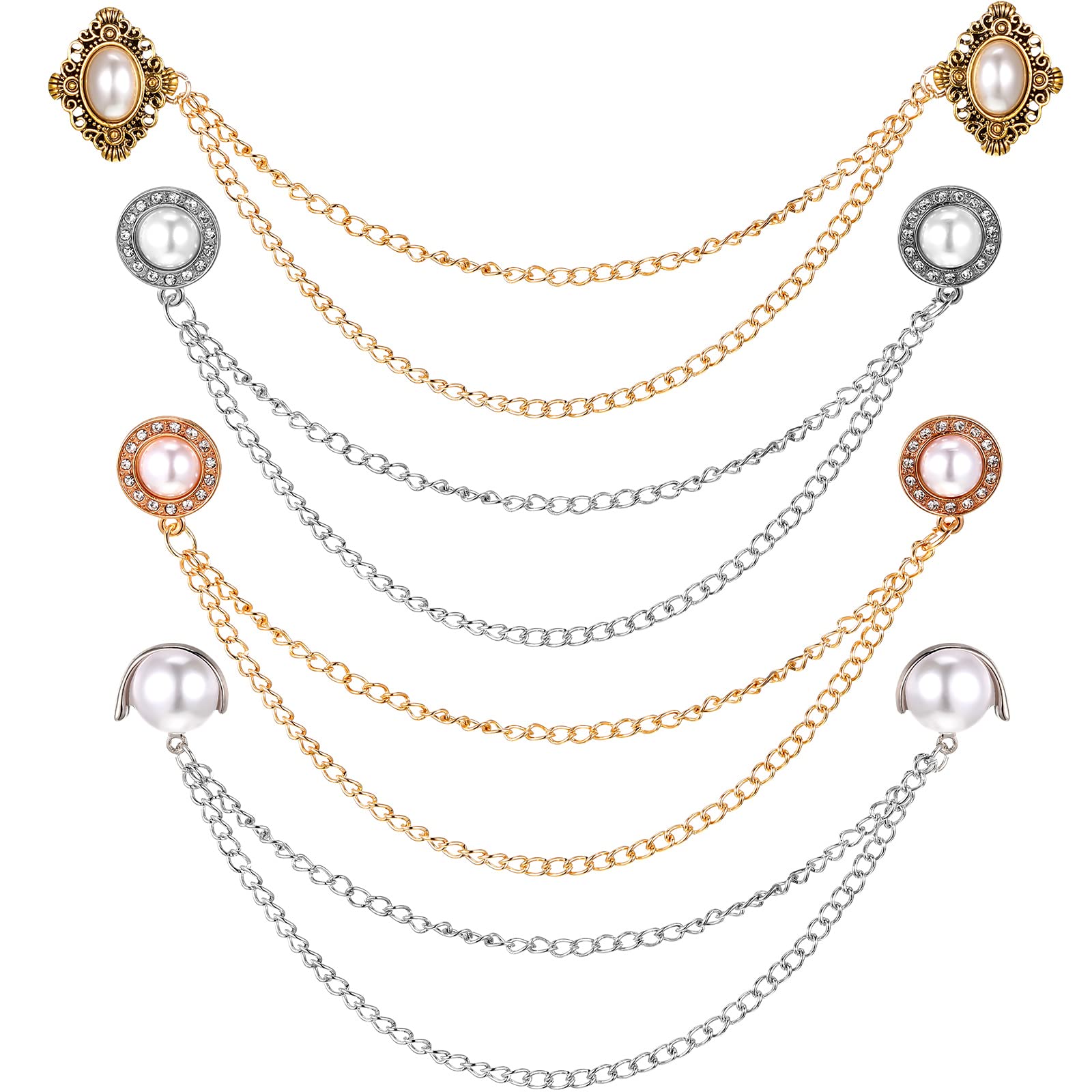 Vintage Sweater Shawl Chain Clips 4 Pcs Antique Cardigan Collar Holders Decorations Cardigan Clip Collar Pins Dress Sweater Collar Brooch for Women Christmas Halloween (Pearl Rhinestone)