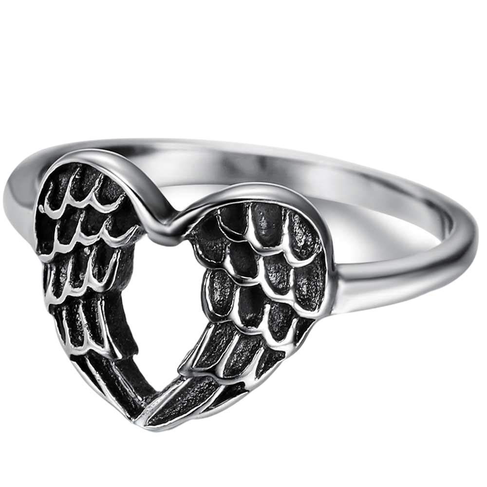 Retro Vintage Stainless Steel Double Agnel Wings Open Karma Heart Promise Statement Anniversary Wedding Ring (Silver, 8)