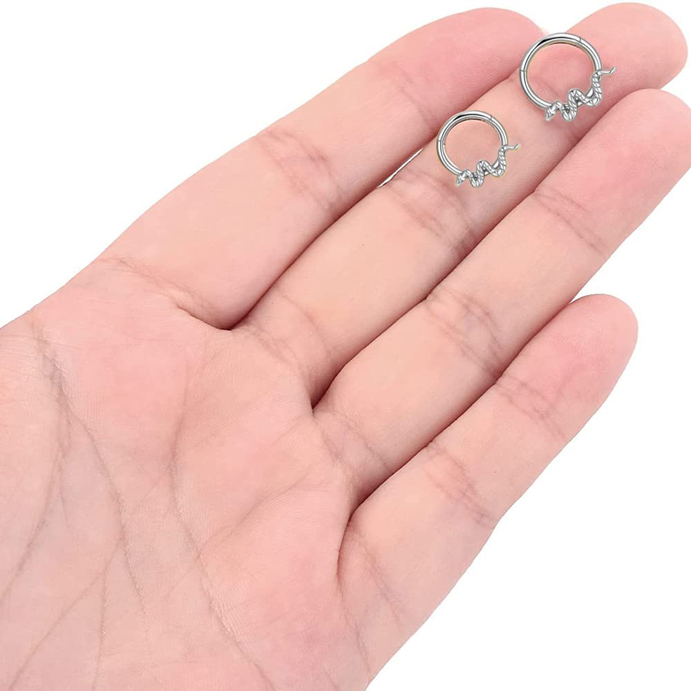 Snake Nose Ring 16G Septum Rings Clicker Stainless Steel Daith Cartilage Rook Tragus Sleeper Tiny Small Hoop Earrings Cute Segment Ring Hinged Helix Mini Conch Huggie Hoops Punk Personalized Animal Piercing Body Jewelry Gifts 1 Pc (gold 8mm)