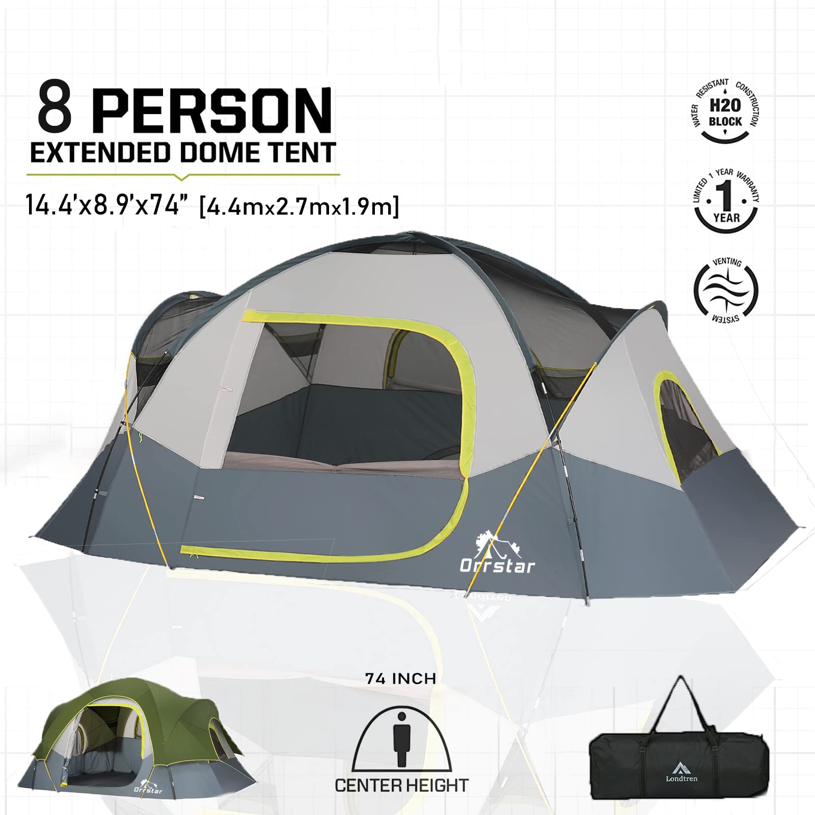 ORRSTAR 8-Person Tent for Camping Waterproof Windproof Family Tent with Top Rainfly Camping Tents Big and Large