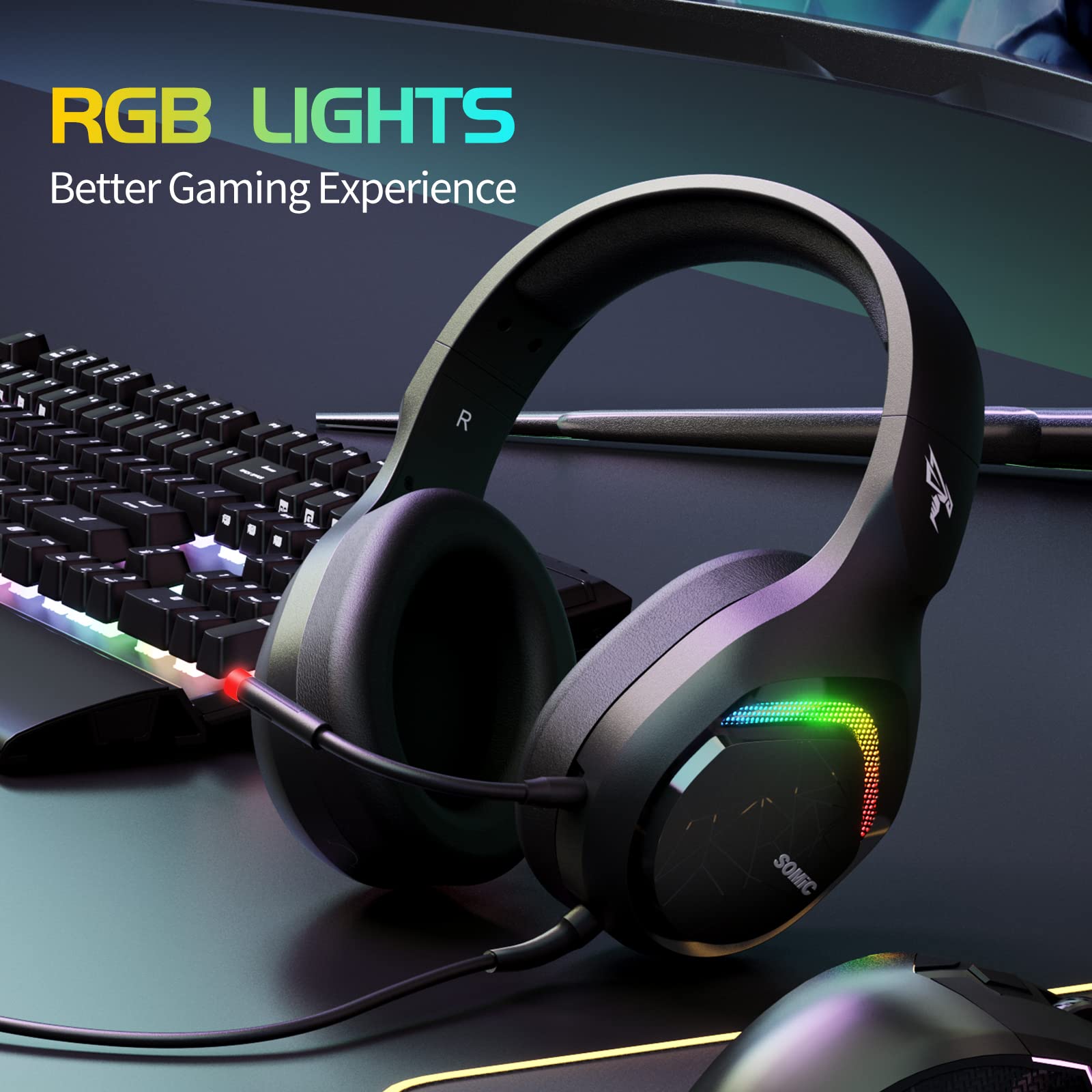 SOMIC G310 Gaming Headset, 3.5mm Gaming Headphones with Microphone Noise Cancelling with RGB Light, Stereo Sound for PC, Laptop, PS4, PS5, Xbox