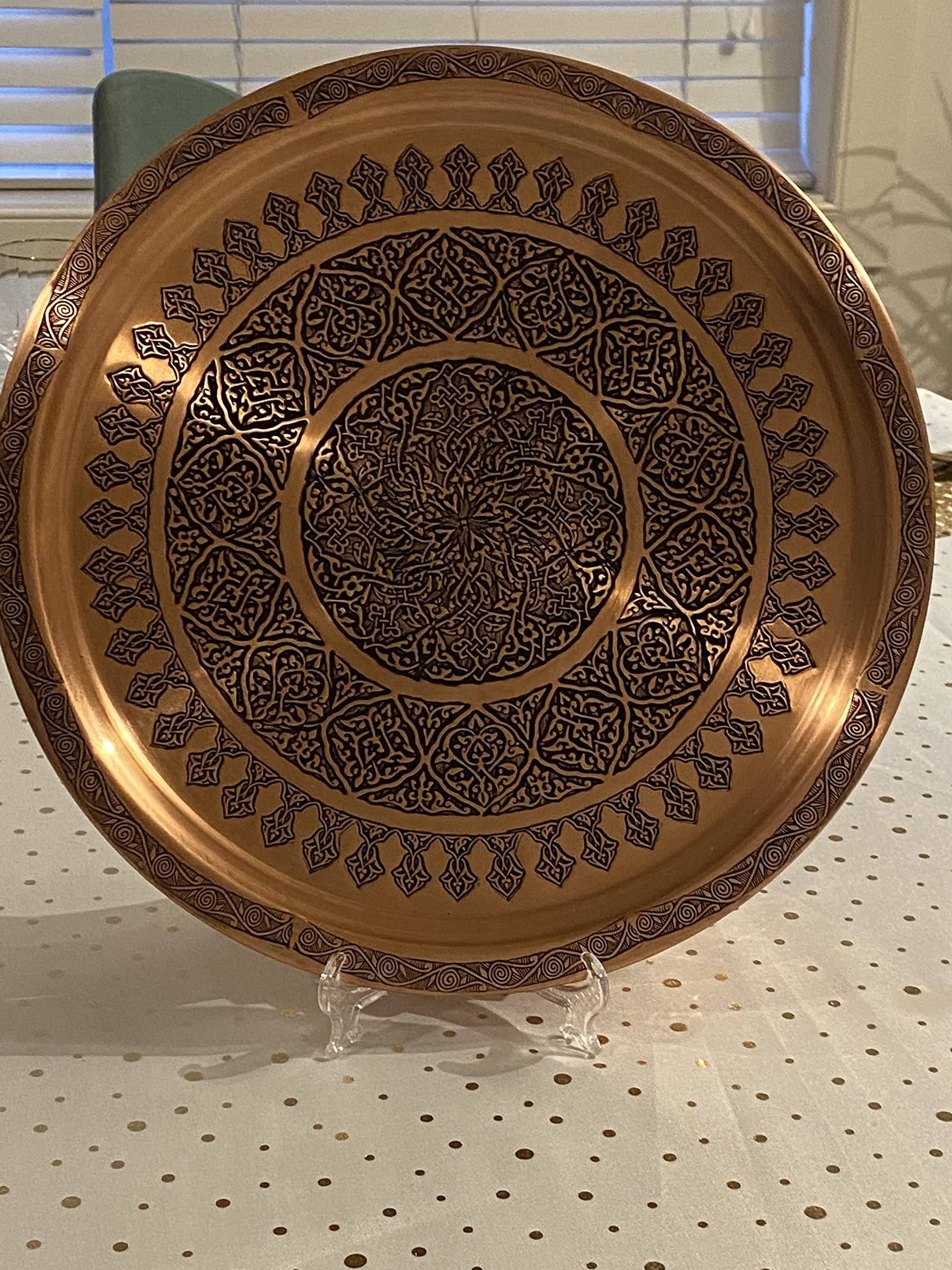 Vintage Copper Round Tray, Large Serving Tray, Press Embroidery, Antique Copper Wall Decor