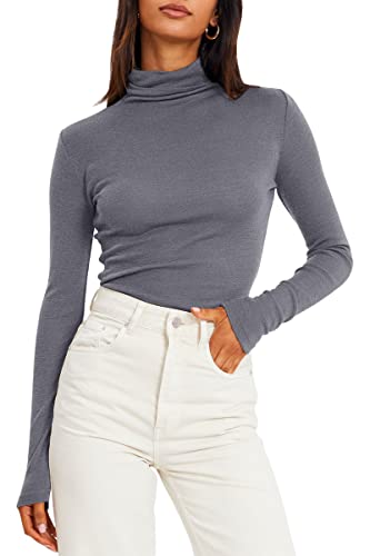 Trendy Queen Womens Long Sleeve Mock Turtleneck Fall Fashion Stretch Tight Lightweight Basic Slim Fit Layering Soft Business Casual High Neck Thermal Underwear Shirts Grey
