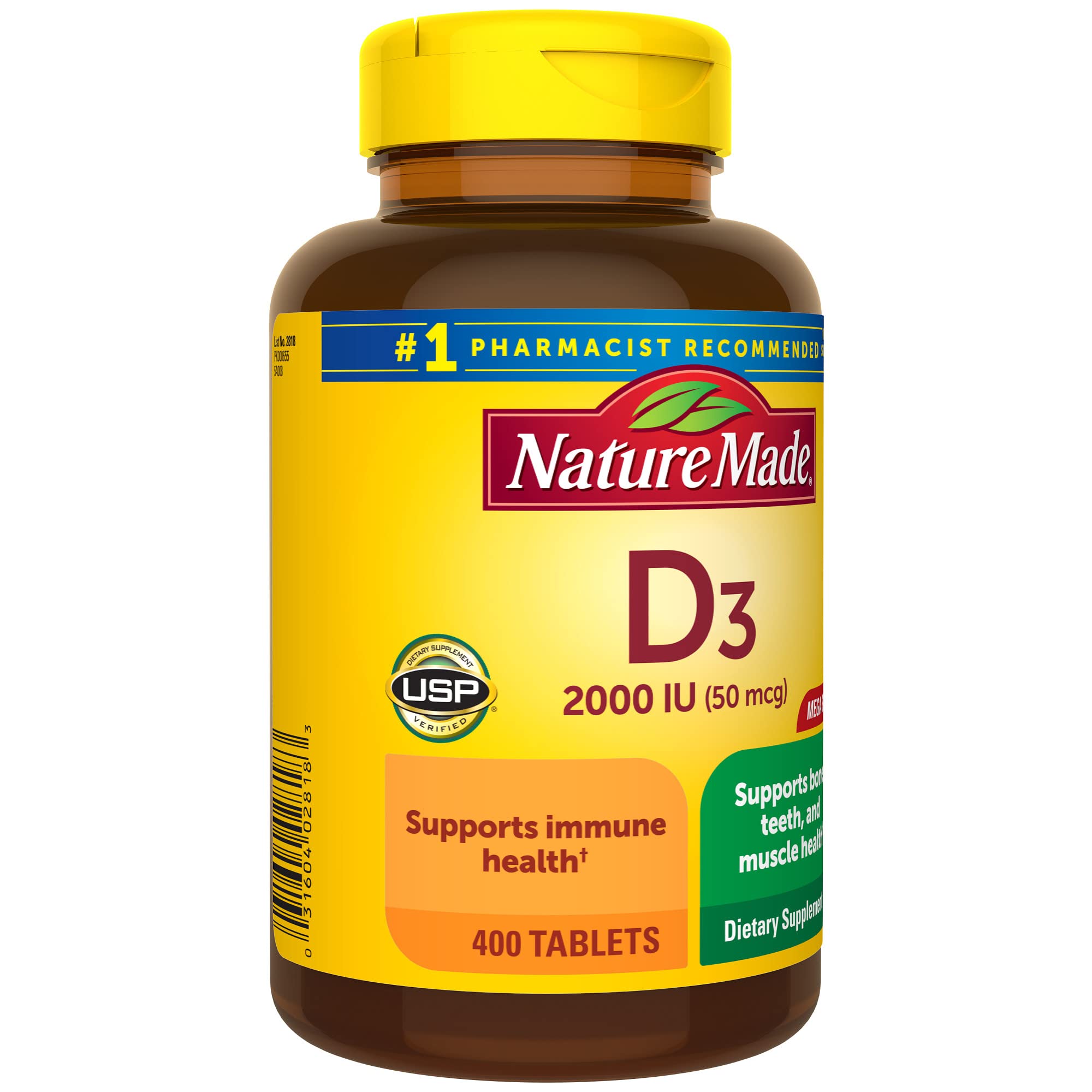Nature Made Vitamin D3 2000 IU (50 mcg), Dietary Supplement for Bone, Teeth, Muscle and Immune Health Support, 400 Tablets, 400 Day Supply