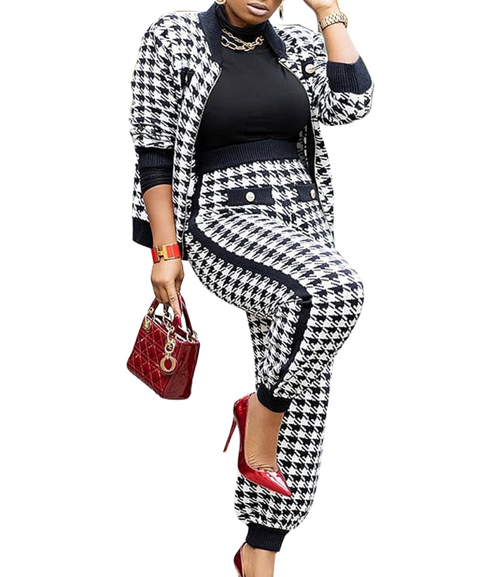 SOMTHRON Women’s Houndstooth Print 2 Piece Outfit Zip Up Long Sleeve Jacket Elastic High Waist Long Pants Set Work Suits Tracksuit BL-L