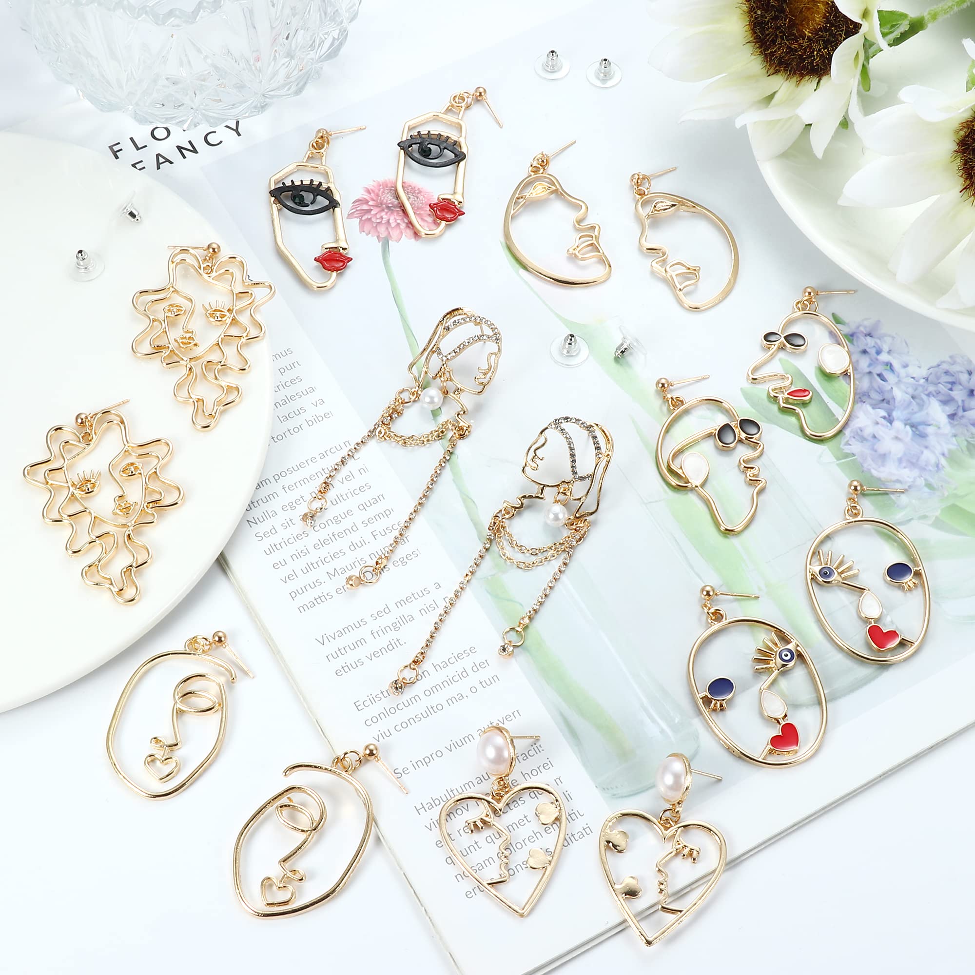 Subiceto 8Pairs Face Earrings for Women Hollow Statement Geometric Fun Abstract Art Earrings Gold Tone