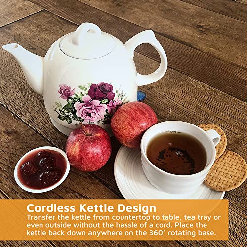 White Country Rose Ceramic Kettle - 1L | Cordless kettle with retro design | Fast boiling with anti-limescale properties | From Jean Patrique