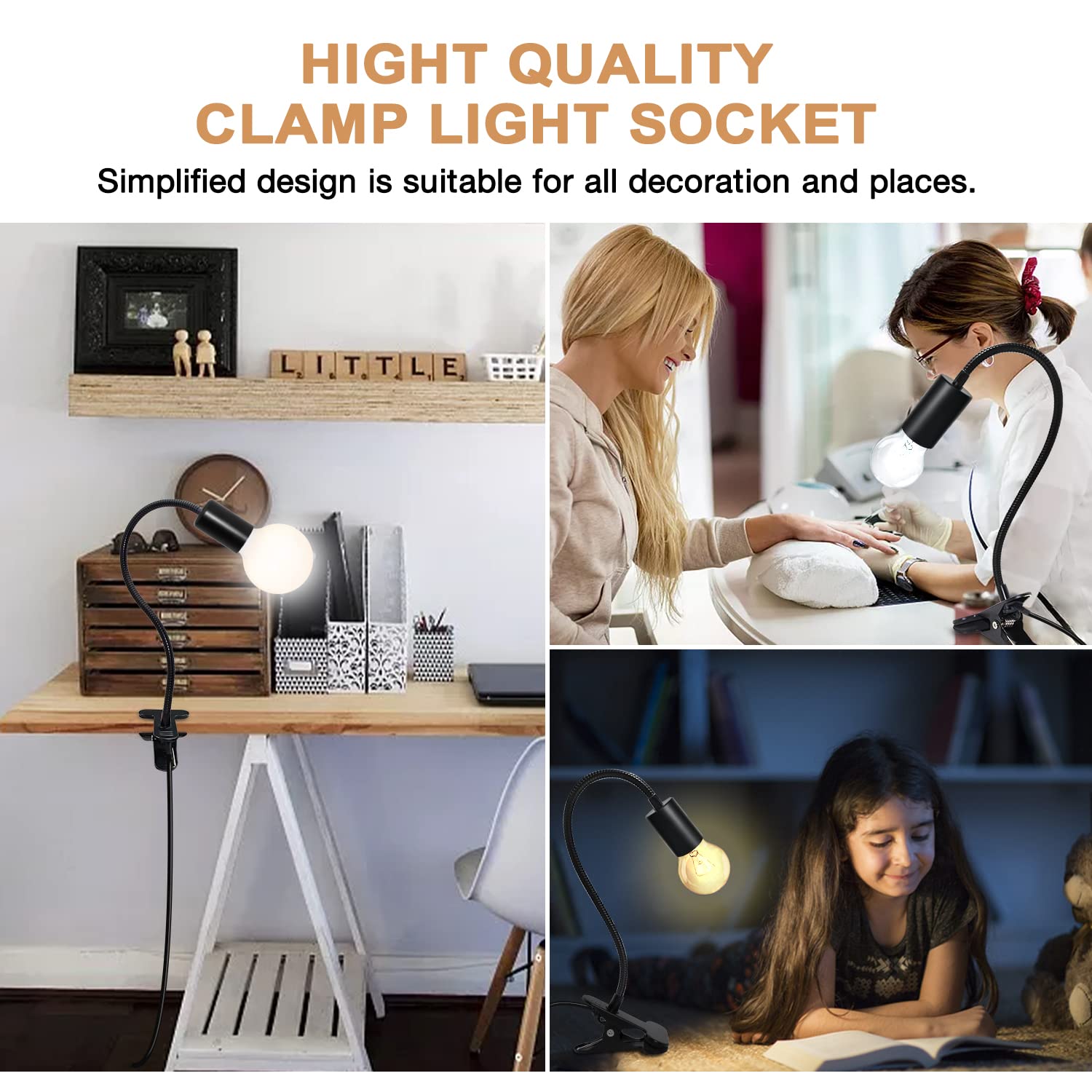 PNLIARN Desk Clip Lamp Holder,E26/E27 Clamp Light Socket, 360° Flexible Gooseneck Clip on Light Socket with Switch, Plants Growth Light,for Office,Bedside,Black (No Bulb)