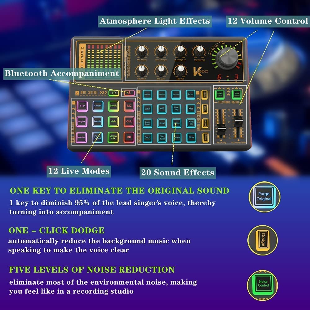 Sound Mixer Board, LED Light Voice Changer Sound Card with Multiple Sound Effects - Live Sound Card