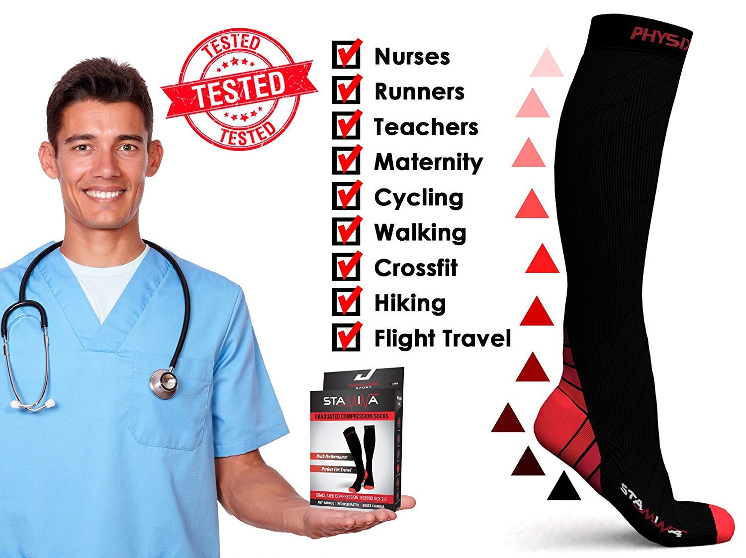 Physix Gear Compression Socks 20-30 mmHg - Men & Women - Running, Nurses, Shin Splints, Flight, Travel (BLACK / RED-S/M)