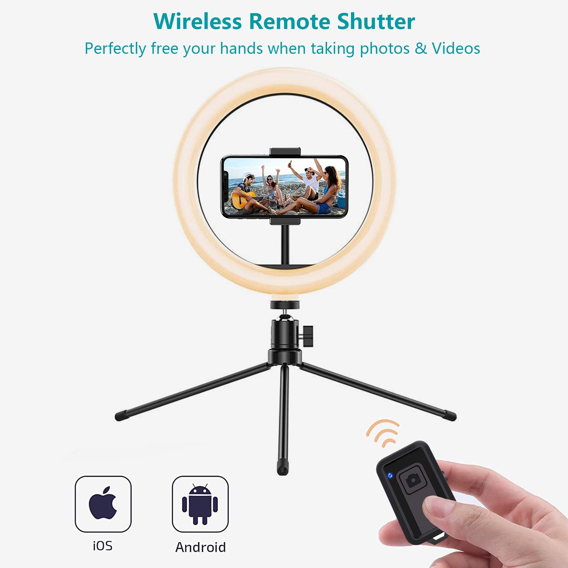 SUMCOO Dimmable Selfie 10" LED Desk Ring Light with Tripod Stand & Phone Holder & Remote for Live Streaming, TikTok Photography, iOS and Android Smartphone with 3 Light Modes & 10 Brightness Level