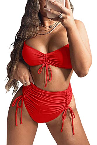 Meyeeka Women Sexy Two Pieces High Waist Tummy Control Swimsuits Padded Push Up Bikini Sets L Red