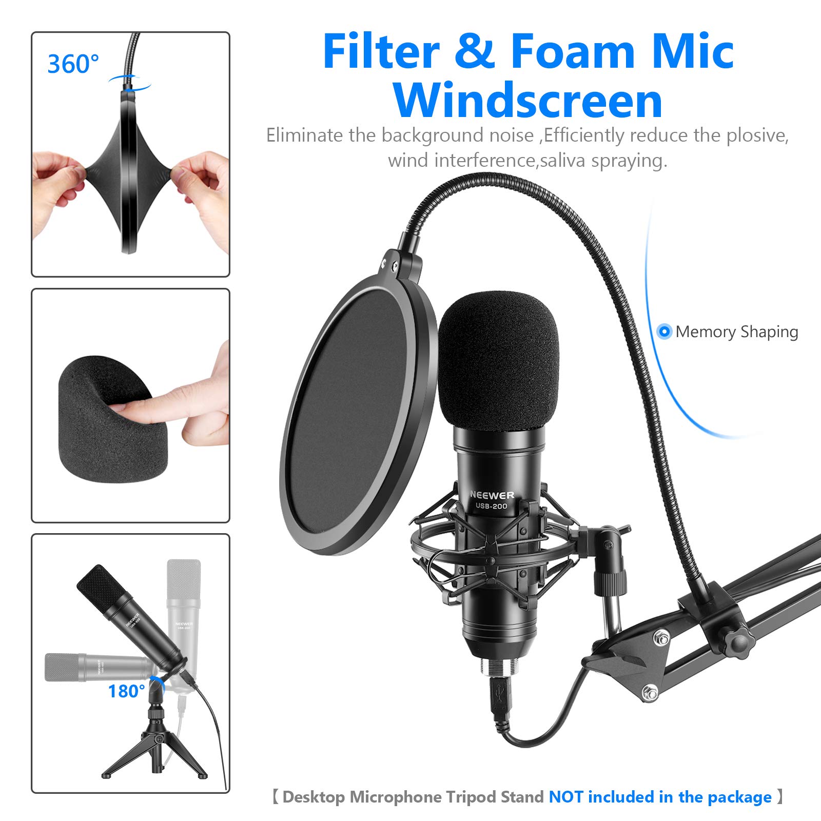 Neewer USB200 Microphone Kit 192KHz/24Bit Plug&Play Cardioid Condenser Mic with Professional Sound Chipset, Arm Stand, Shock Mount, Pop Filter, Included for Tiktok/YouTube Video/Broadcasting/Gaming