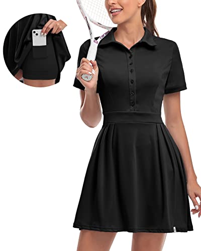 Soneven Women Golf Tennis Polo Dress Short Sleeve Workout Athletic Dresses with Pockets Black