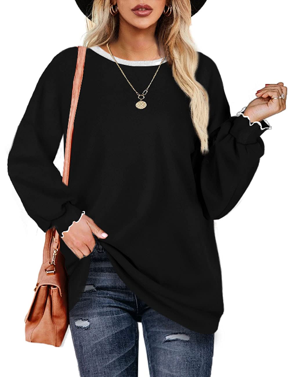 Sousuoty Black Crewneck Sweatshirt Women Cute Oversized Sweaters Color Block S