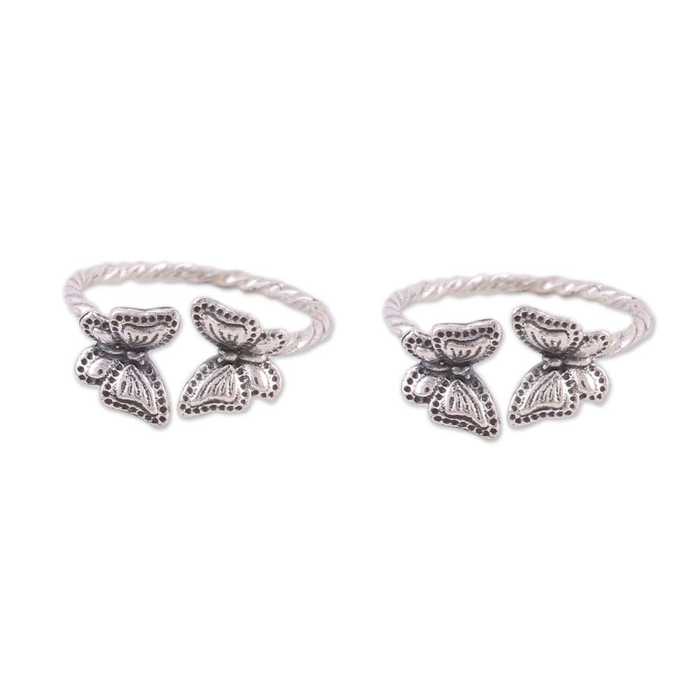 NOVICA Artisan Handmade Sterling Silver Toe Rings Twisted with Butterfly Accents from India Pair No Stone Animal Themed [ 1 mm W] ' Butterfly Meeting' Pair