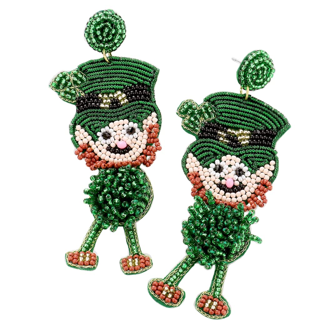 Rosemarie & Jubalee Women's Lucky Leprechaun St Patrick's Day Seed Bead Shoulder Duster Length Long Earrings, 4"