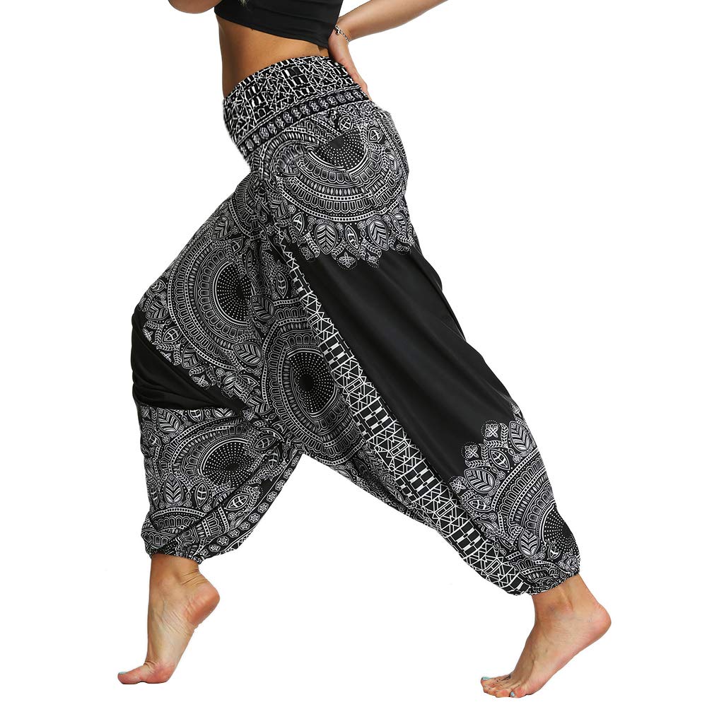 Xixiuly Women's Drop Crotch Hippie Harem Pants Boho Pattern High Waist Baggy Yoga Trousers Lounge Beach Brown ONE Size