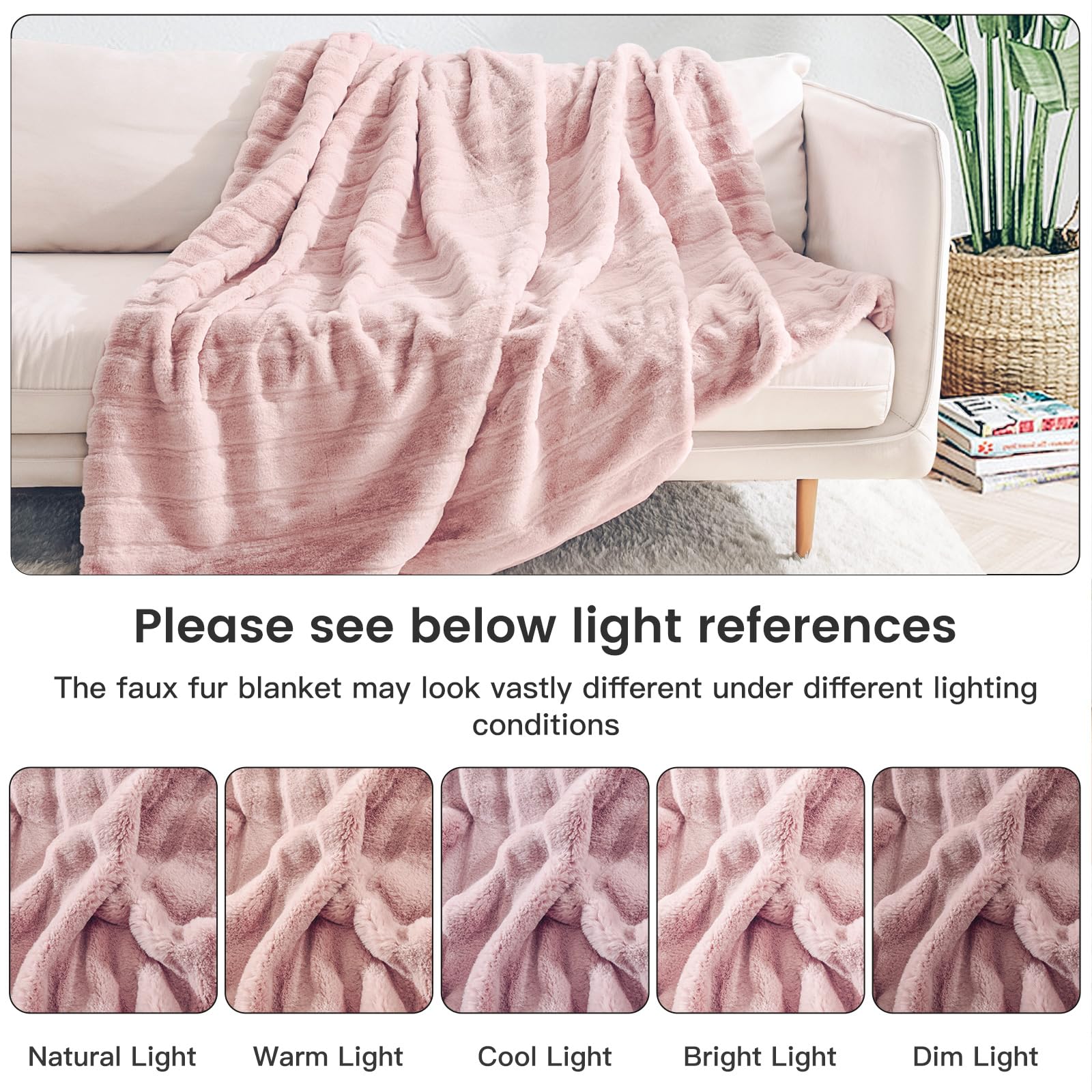 NEXHOME PRO Faux Fur Throw Blanket Pink, Luxury Soft Decorative Cozy Plush Long Shaggy Fluffy Blanket for Sofa Couch Bed Living Room, Reversible Puffy Thick Warm Blanket for Winter, 50"X60"