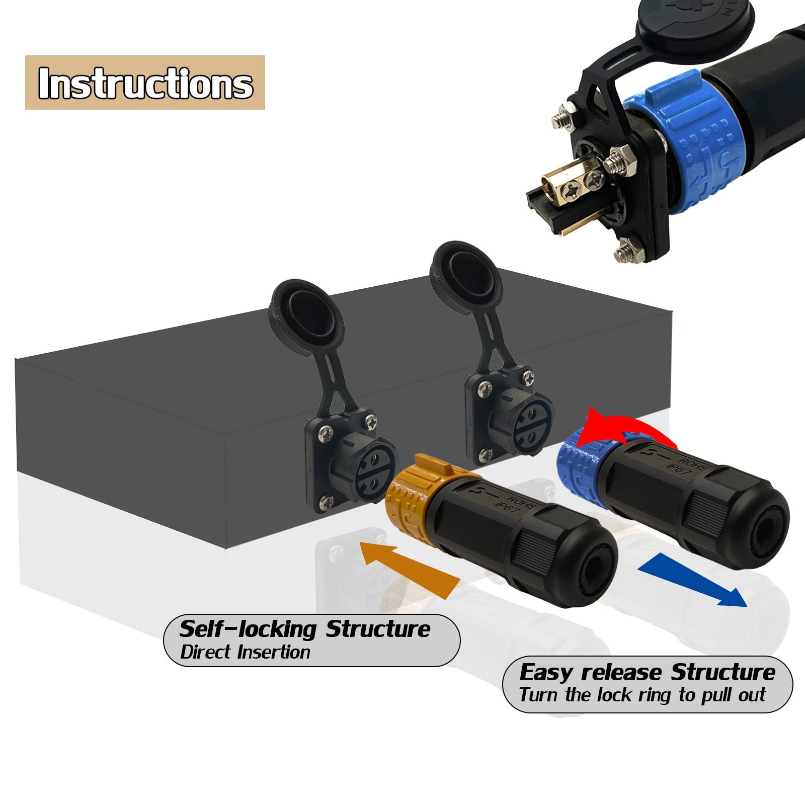 Trolling Motor Plug Receptacle Set, Self-Locking Waterproof Plug Receptacle for Trolling Motor/Downrigger/Fishing Reel,12V/24V/36V/48V Marine Boat DC Power Plug Connector