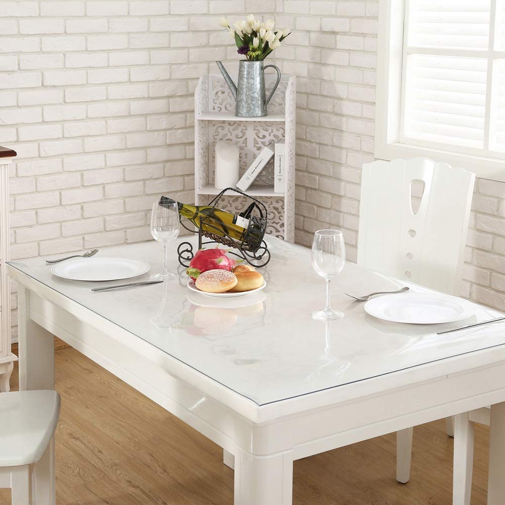 NECAUX Custom Multisize 1.5mm Thick Clear PVC Table Cover Protector - 60 x 108 Inch Long Plastic Crystal Protective Meeting/Dining Room Table Pad Kitchen Wood Grain Vinyl Table Cover