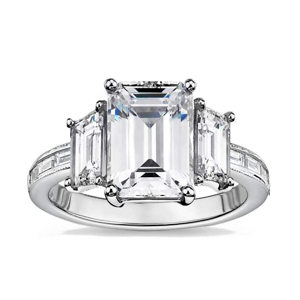 Samie Collection Emerald Cut CZ & Baguette Cubic Zirconia 3 Stone Engagement Rings for Women, Wedding Ring Band in White Gold Plating, Size 5-10