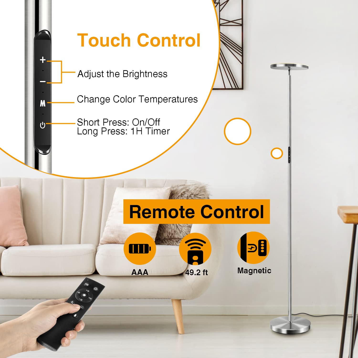 OUTON Floor Lamp, 30W 3000LM LED Modern Torchiere Sky Lamp, Bright Dimmable Standing Lamp with 4 Color Temperatures, Remote Touch Control, 1 Hour Timer for Living Room Bedroom Office, Brushed Steel