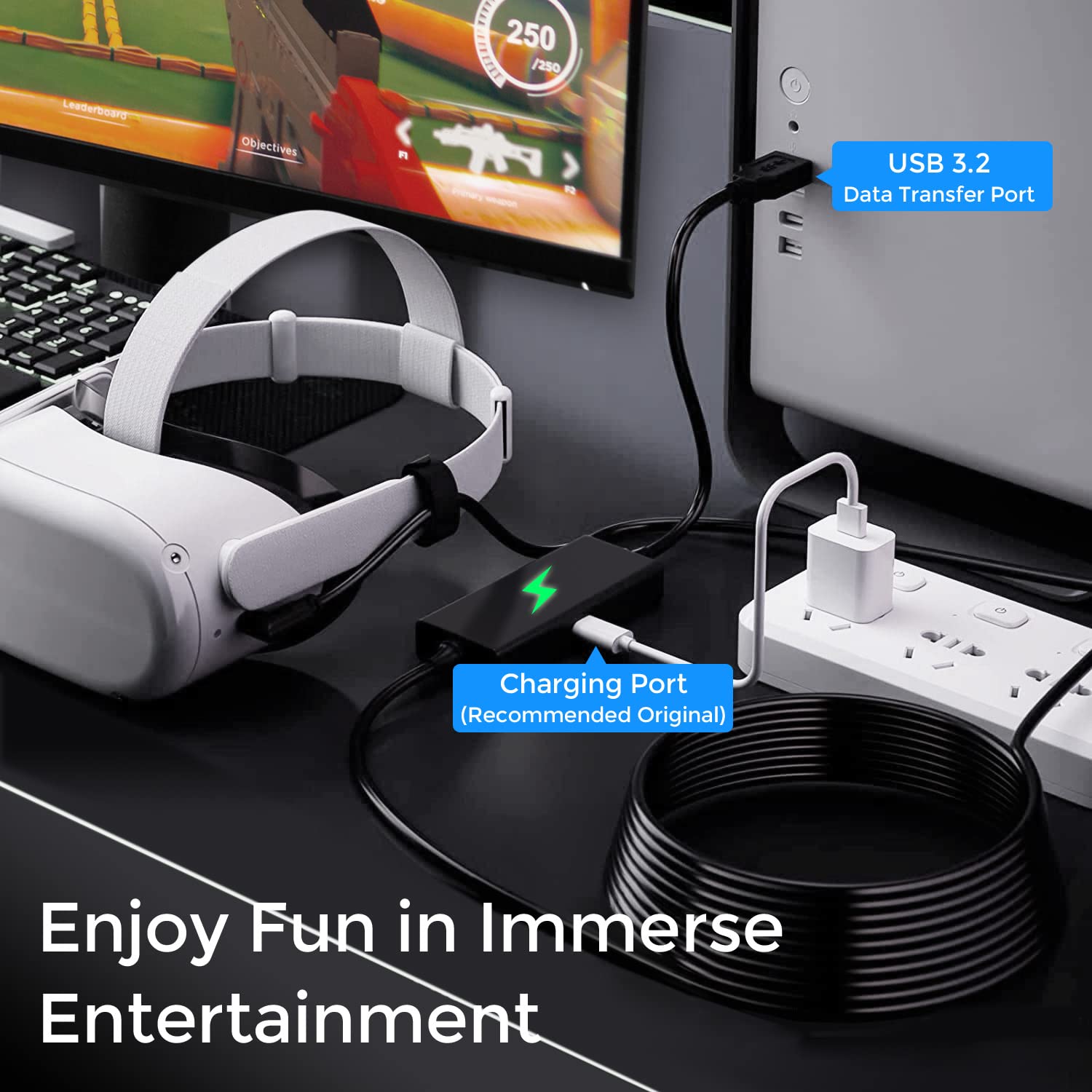 Sonicgrace Link Cable Compatible with Quest 2-16FT Quest 2 / Pro VR Link Cable with USB 3.2 2A Fast Charging and 5Gbps Date Transfer for VR Headset PC Gaming
