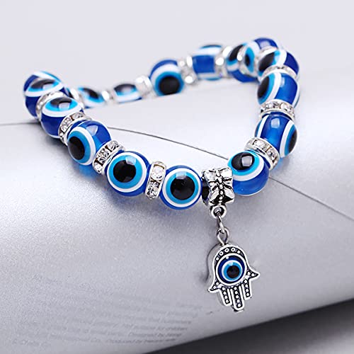 SONNYX 10 PCS Evil Eye Hamsa Blue Beaded Charm Stretch Bracelet Hand of Fatima Turkish Lucky Evil Eye Bracelet for Protection and Blessing 8MM 10MM